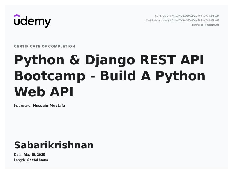 🚀 Just Completed: Python & Django REST API Bootcamp! | Sabari Krishnan 🚀 Just Completed: Python & Django REST API Bootcamp! | Sabari Krishnan