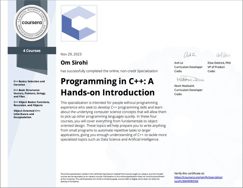 #cplusplus #programming #continuouslearning #coursera #tech | Om Sirohi #cplusplus #programming #continuouslearning #coursera #tech | Om Sirohi