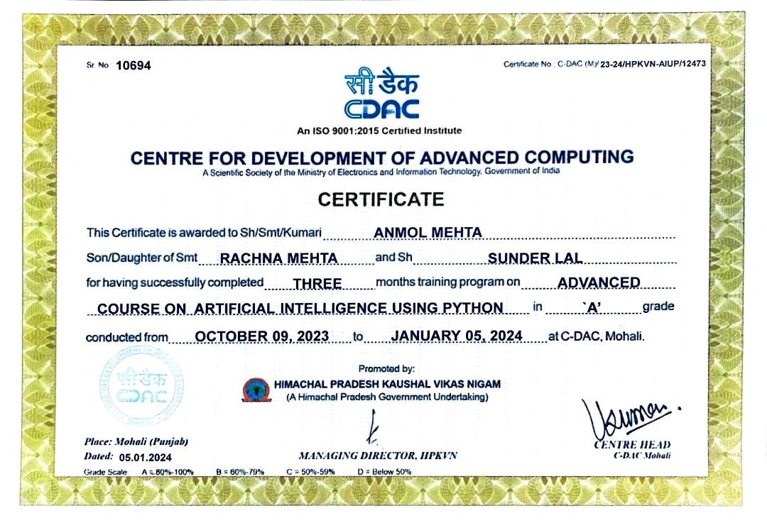 Completed advanced course on AI and ML at CDAC | Anmol Mehta posted on ... Completed advanced course on AI and ML at CDAC | Anmol Mehta posted on ...