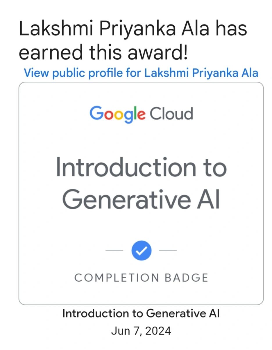 Ala Lakshmi Priyanka on LinkedIn: 🚀 Exciting news 🚀 I have just earned ... Ala Lakshmi Priyanka on LinkedIn: 🚀 Exciting news 🚀 I have just earned ...