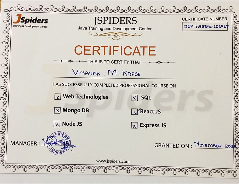 Vinayak Kapse on LinkedIn: #reactjs #certificationcomplete Vinayak Kapse on LinkedIn: #reactjs #certificationcomplete