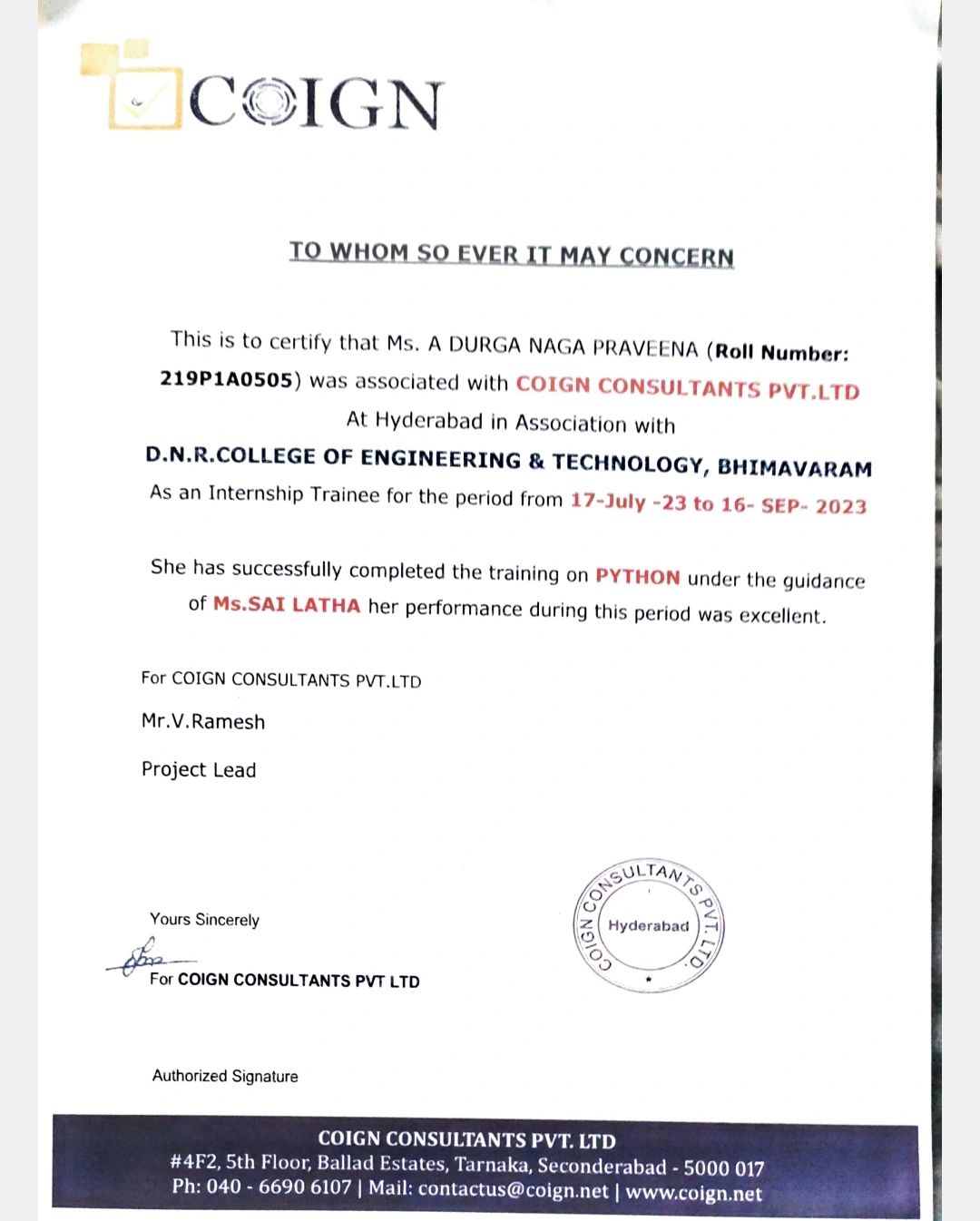 Completed Internship on Python. | Praveena Akurathi Completed Internship on Python. | Praveena Akurathi