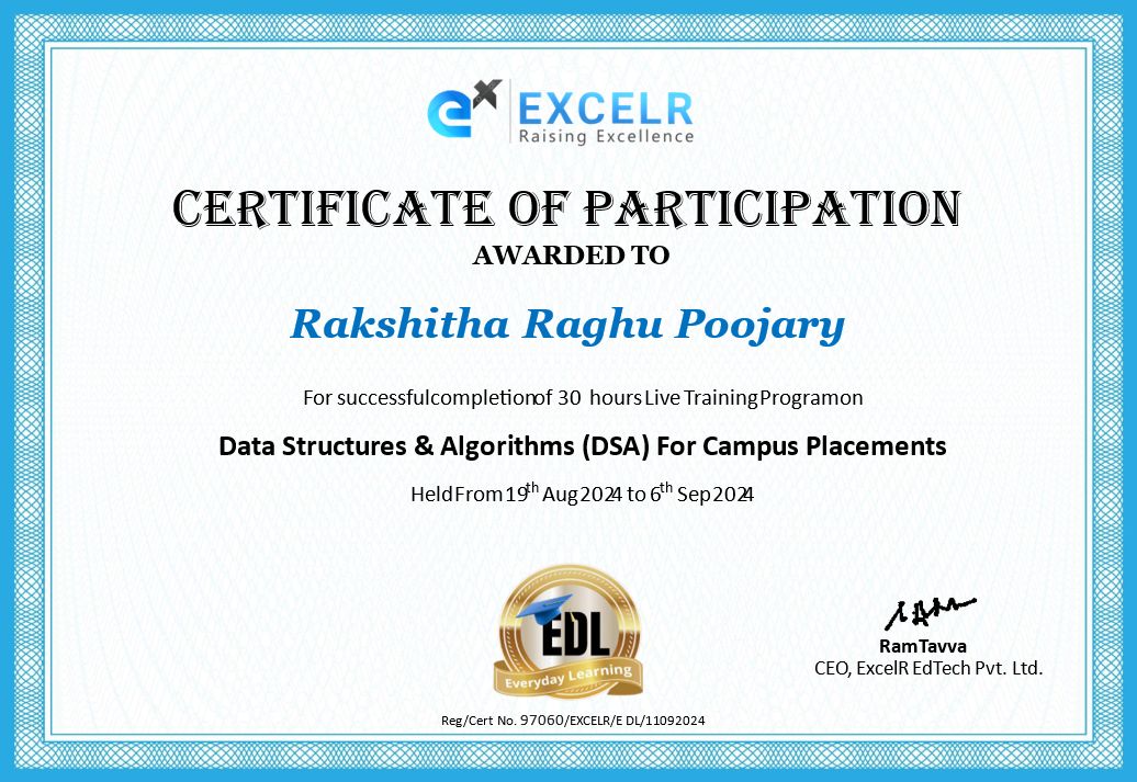Rakshitha Poojary on LinkedIn: #dsa #learning #excelr Rakshitha Poojary on LinkedIn: #dsa #learning #excelr