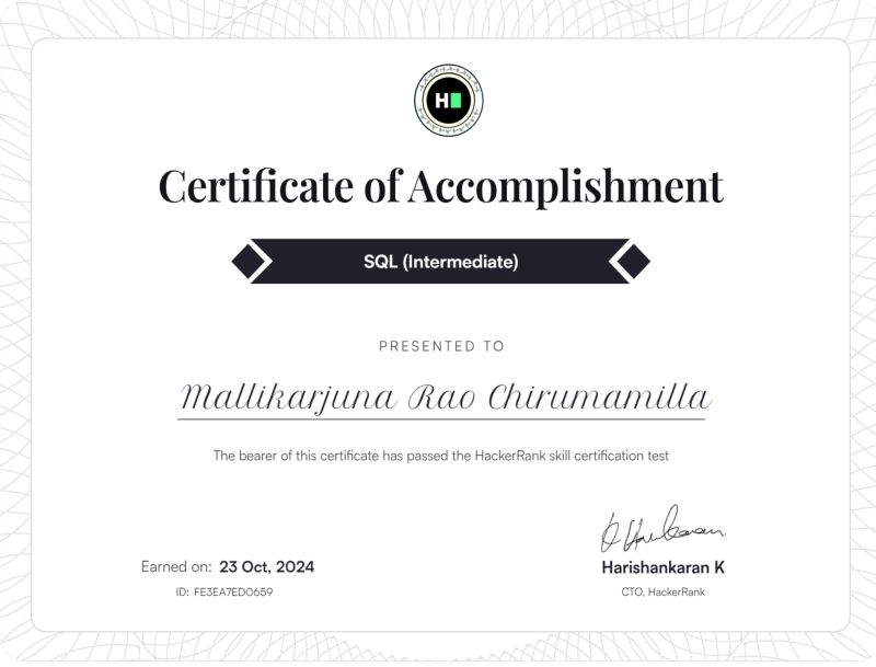 Mallikarjuna Rao Chirumamilla on LinkedIn: #sql #hackerrank # ... Mallikarjuna Rao Chirumamilla on LinkedIn: #sql #hackerrank # ...