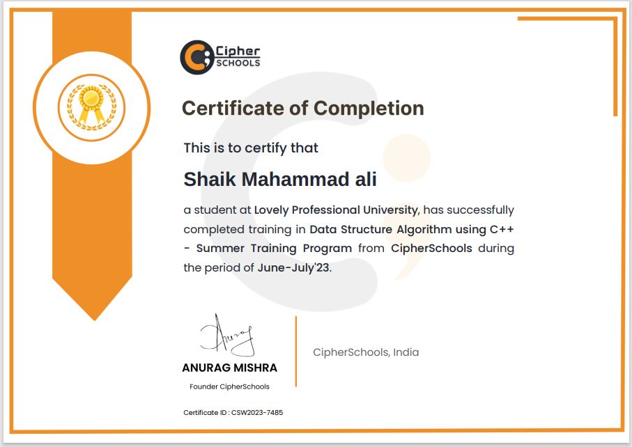 Shaik Mahammad Ali on LinkedIn: I have got my certification in DSA (C++ ... Shaik Mahammad Ali on LinkedIn: I have got my certification in DSA (C++ ...