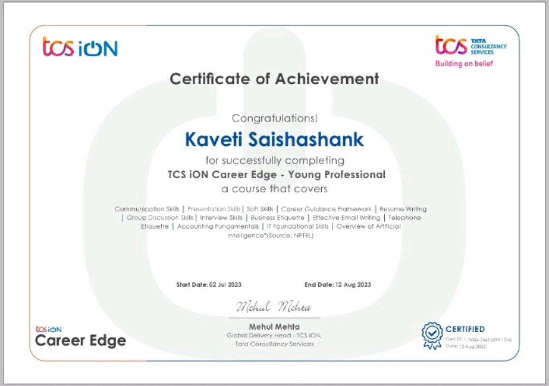 Kaveti Venkata Venkata Saishashank on LinkedIn: #tcsioncareeredge # ... Kaveti Venkata Venkata Saishashank on LinkedIn: #tcsioncareeredge # ...
