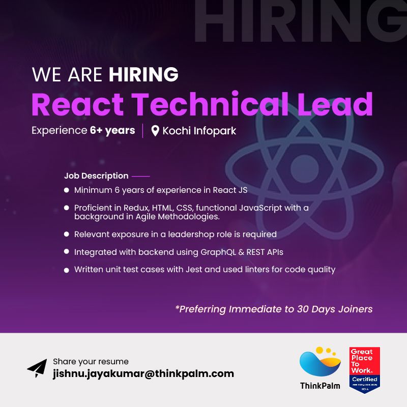 Jishnu Jayakumar on LinkedIn: #hiring #reacttechnicallead #reactlead # ... Jishnu Jayakumar on LinkedIn: #hiring #reacttechnicallead #reactlead # ...