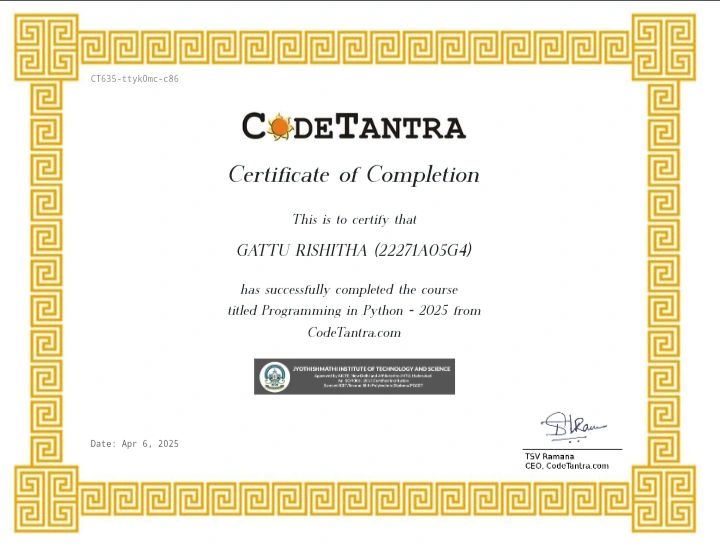 #python #programming #codetantra #certificate #coding | Rishitha Gattu #python #programming #codetantra #certificate #coding | Rishitha Gattu