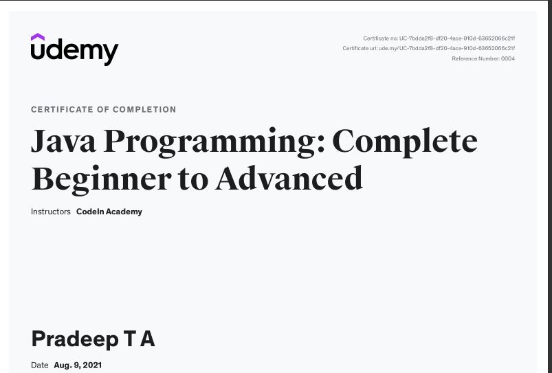 Pradeep T A on LinkedIn: #javaprogramming #java #certificate Pradeep T A on LinkedIn: #javaprogramming #java #certificate