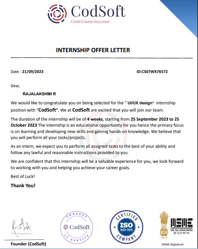 Rajalakshmi R on LinkedIn: #codsoft #internship #uiuxdesign Rajalakshmi R on LinkedIn: #codsoft #internship #uiuxdesign