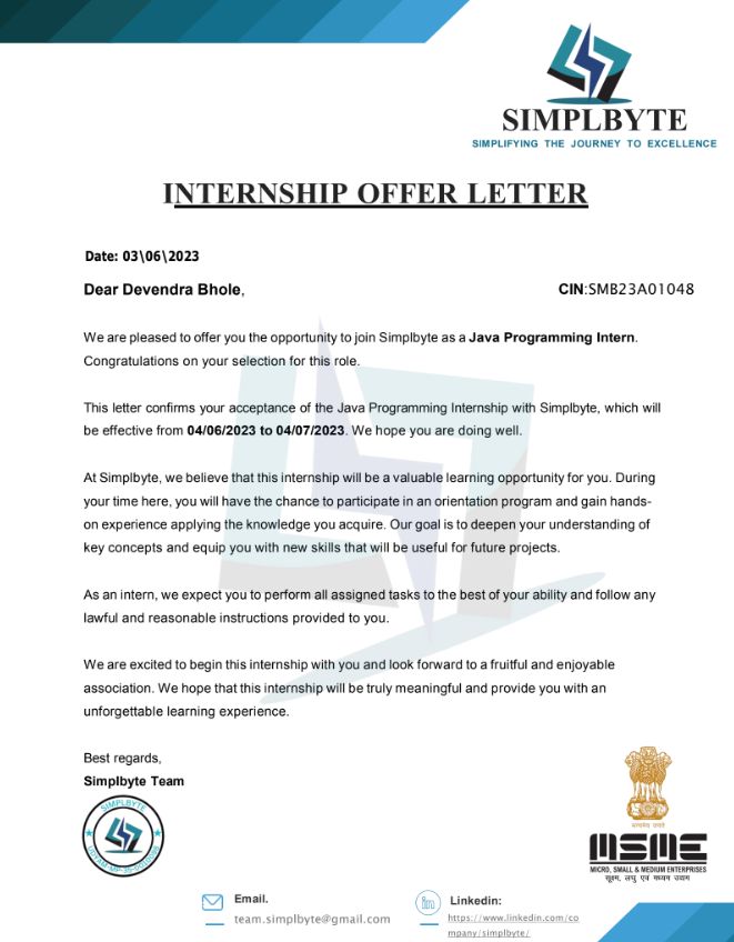 Devendra Bhole en LinkedIn: #intern #simplbyte #java #internship # ... Devendra Bhole en LinkedIn: #intern #simplbyte #java #internship # ...