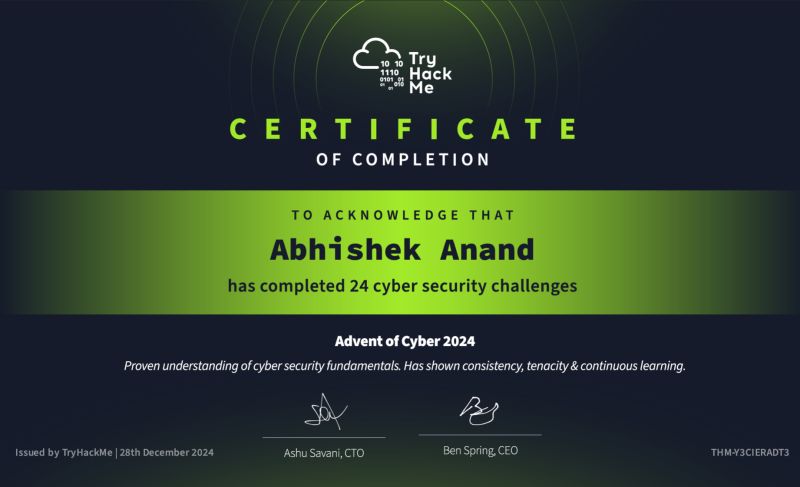 Abhishek Anand on LinkedIn: #cybersecurity #tryhackme #adventofcyber Abhishek Anand on LinkedIn: #cybersecurity #tryhackme #adventofcyber