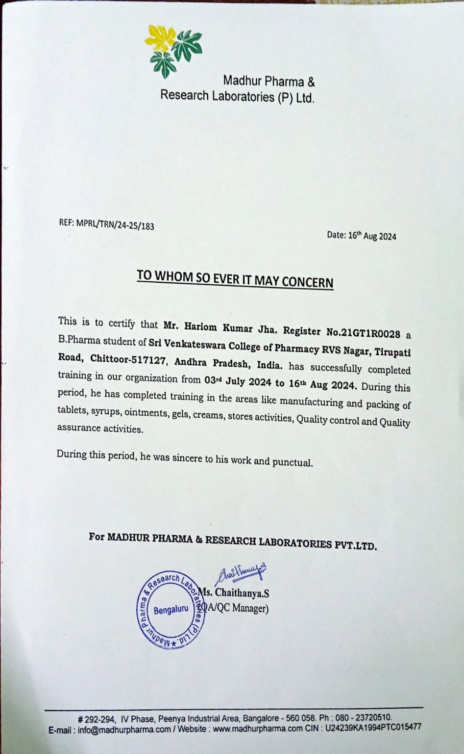 I completed 45 days internship training programme in madhur Pharma and ... I completed 45 days internship training programme in madhur Pharma and ...