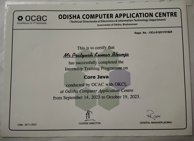 Pratyush Kumar Bhanja on LinkedIn: Completed my core java course OCAC ... Pratyush Kumar Bhanja on LinkedIn: Completed my core java course OCAC ...