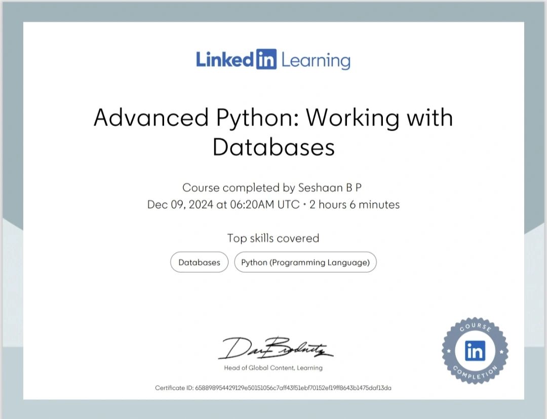 Seshaan B P on LinkedIn: #python #databases #datascience #linkedinlearning Seshaan B P on LinkedIn: #python #databases #datascience #linkedinlearning
