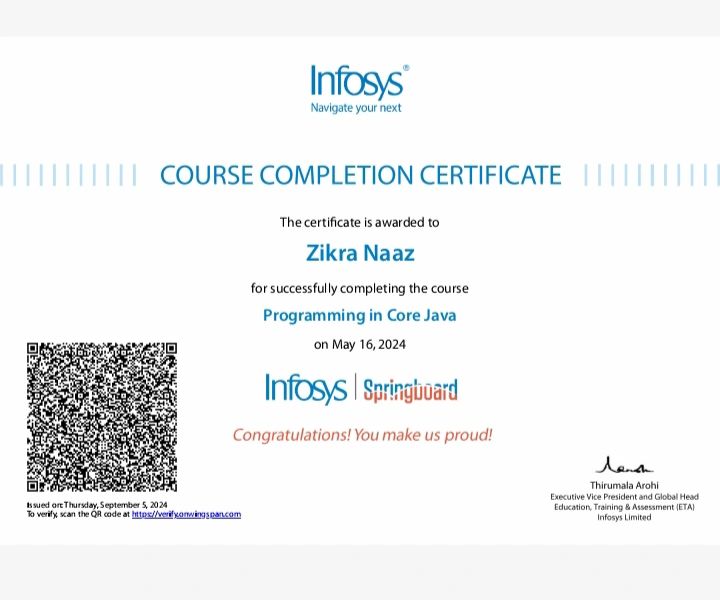 Completed Java course with Infosys Springboard | Zikra Naaz posted on ... Completed Java course with Infosys Springboard | Zikra Naaz posted on ...