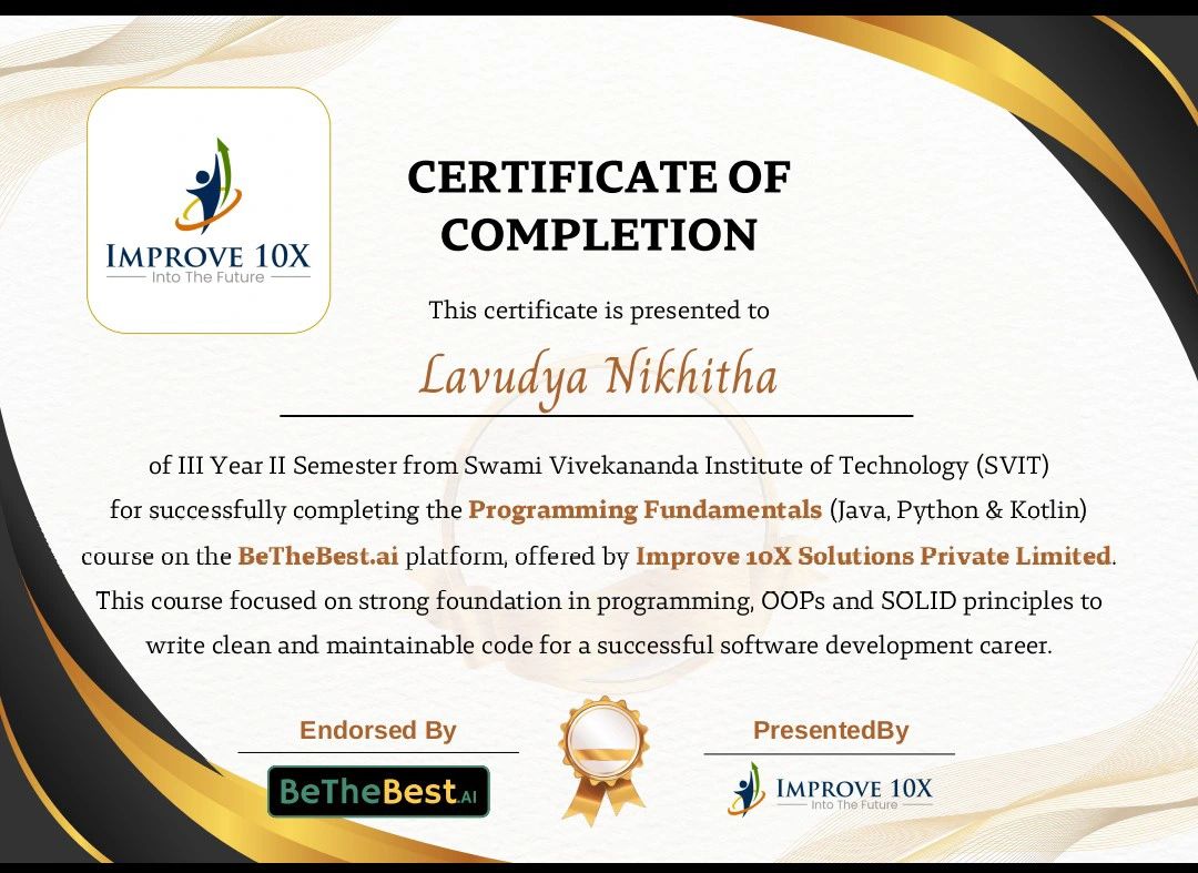 LAVUDYA NIKHITHA on LinkedIn: #completed #certificate #java #python #kotlin LAVUDYA NIKHITHA on LinkedIn: #completed #certificate #java #python #kotlin