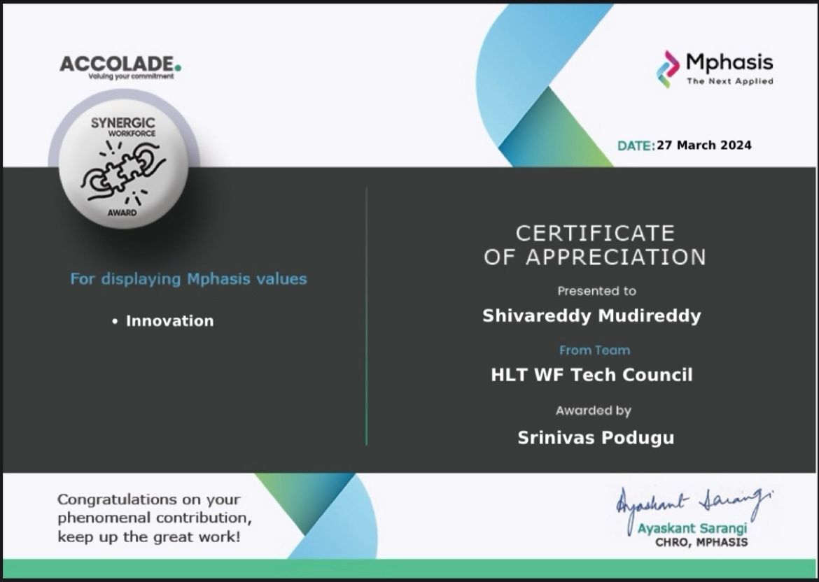 Shiva Reddy Mudireddy on LinkedIn: #innovation #appreciation #mphasis Shiva Reddy Mudireddy on LinkedIn: #innovation #appreciation #mphasis