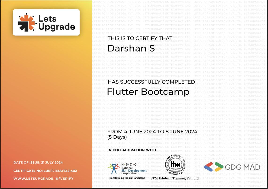 Darshan S on LinkedIn: #flutter #bootcamp #letsupgrade #certification # ... Darshan S on LinkedIn: #flutter #bootcamp #letsupgrade #certification # ...