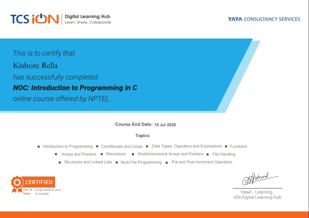 Kishore Rella on LinkedIn: #certification #programming #nptel #tcsion Kishore Rella on LinkedIn: #certification #programming #nptel #tcsion