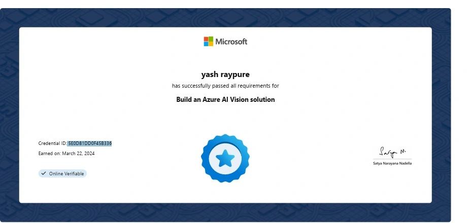#azure #aivision #certification #gratitude | Yash Raypure #azure #aivision #certification #gratitude | Yash Raypure