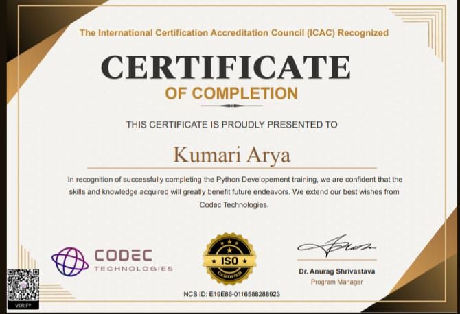 Kumari Arya on LinkedIn: #pythoncertified #python #codec Kumari Arya on LinkedIn: #pythoncertified #python #codec