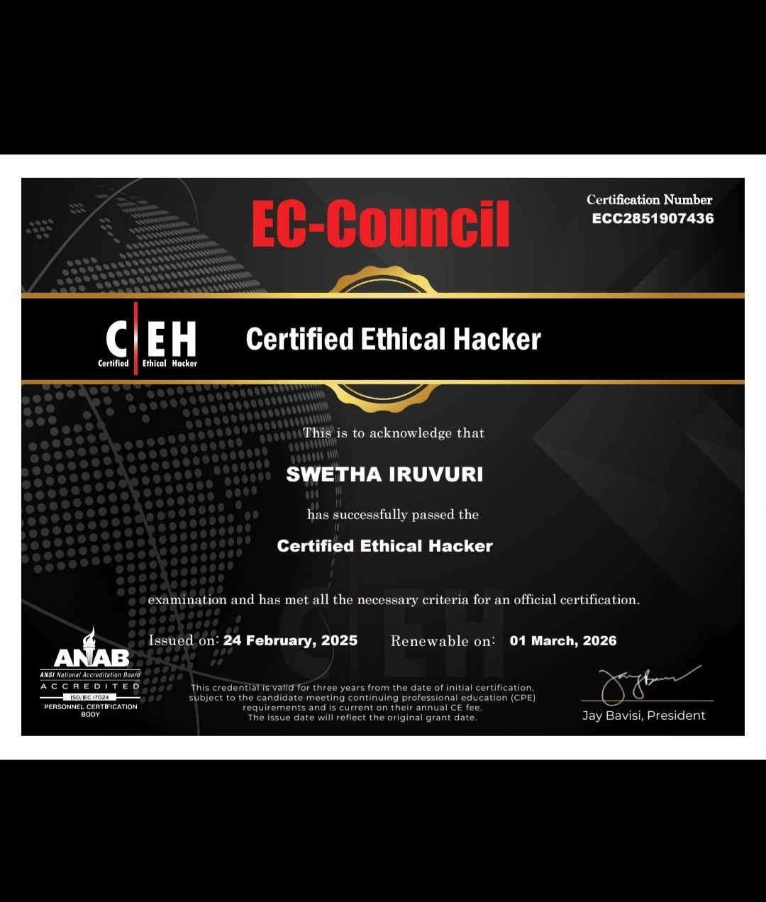 successfully completed ceh course | Swetha Iruvuri successfully completed ceh course | Swetha Iruvuri