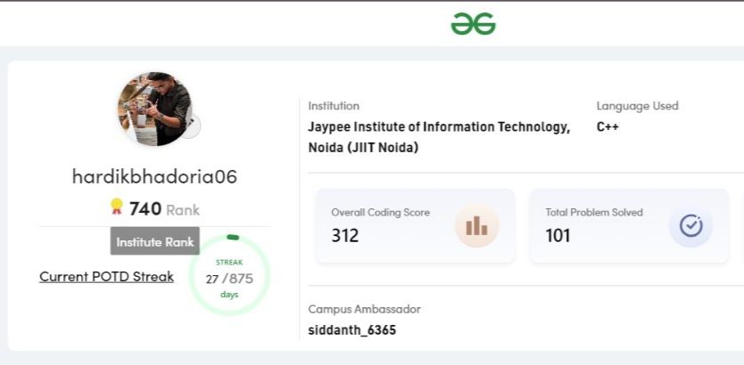 Completed 100 coding questions on GeeksforGeeks | Hardik Singh Bhadoria ... Completed 100 coding questions on GeeksforGeeks | Hardik Singh Bhadoria ...