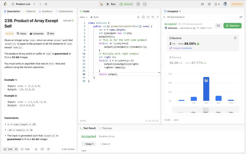 Solved LeetCode challenge: Product of Array Except Self | Abhishek ... Solved LeetCode challenge: Product of Array Except Self | Abhishek ...