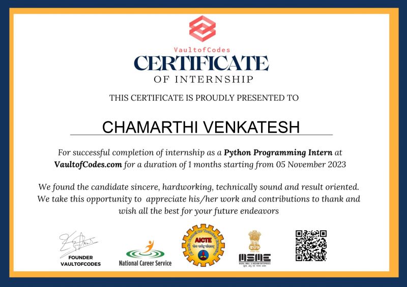 Chamarthi Venkatesh on LinkedIn: #python #internship #vaultofcodes Chamarthi Venkatesh on LinkedIn: #python #internship #vaultofcodes