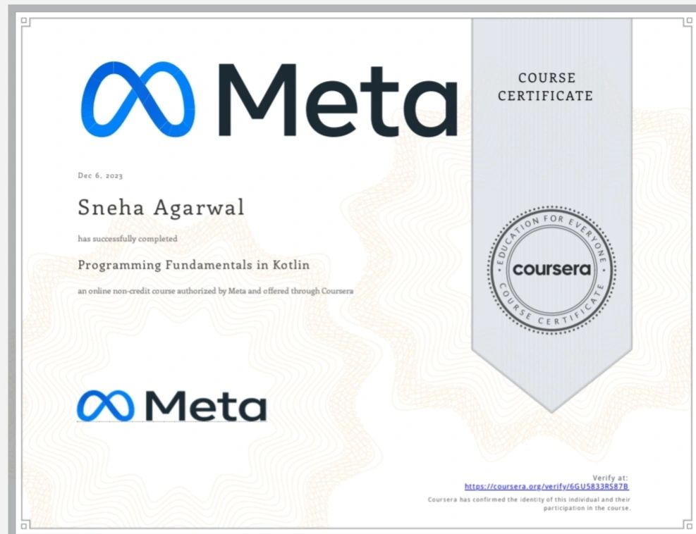 Sneha Agarwal on LinkedIn: #meta #coursera #kotlin Sneha Agarwal on LinkedIn: #meta #coursera #kotlin