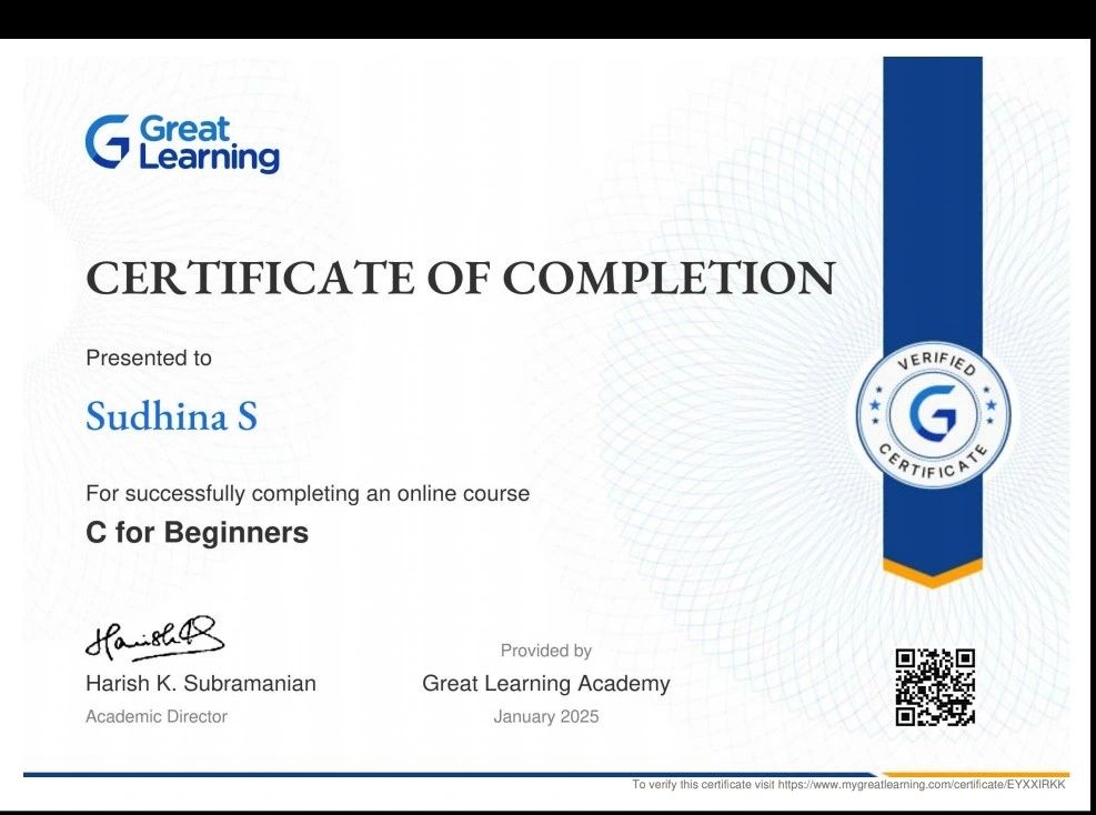 Sudhina S on LinkedIn: #cprogramming #certification #greatlearning # ... Sudhina S on LinkedIn: #cprogramming #certification #greatlearning # ...