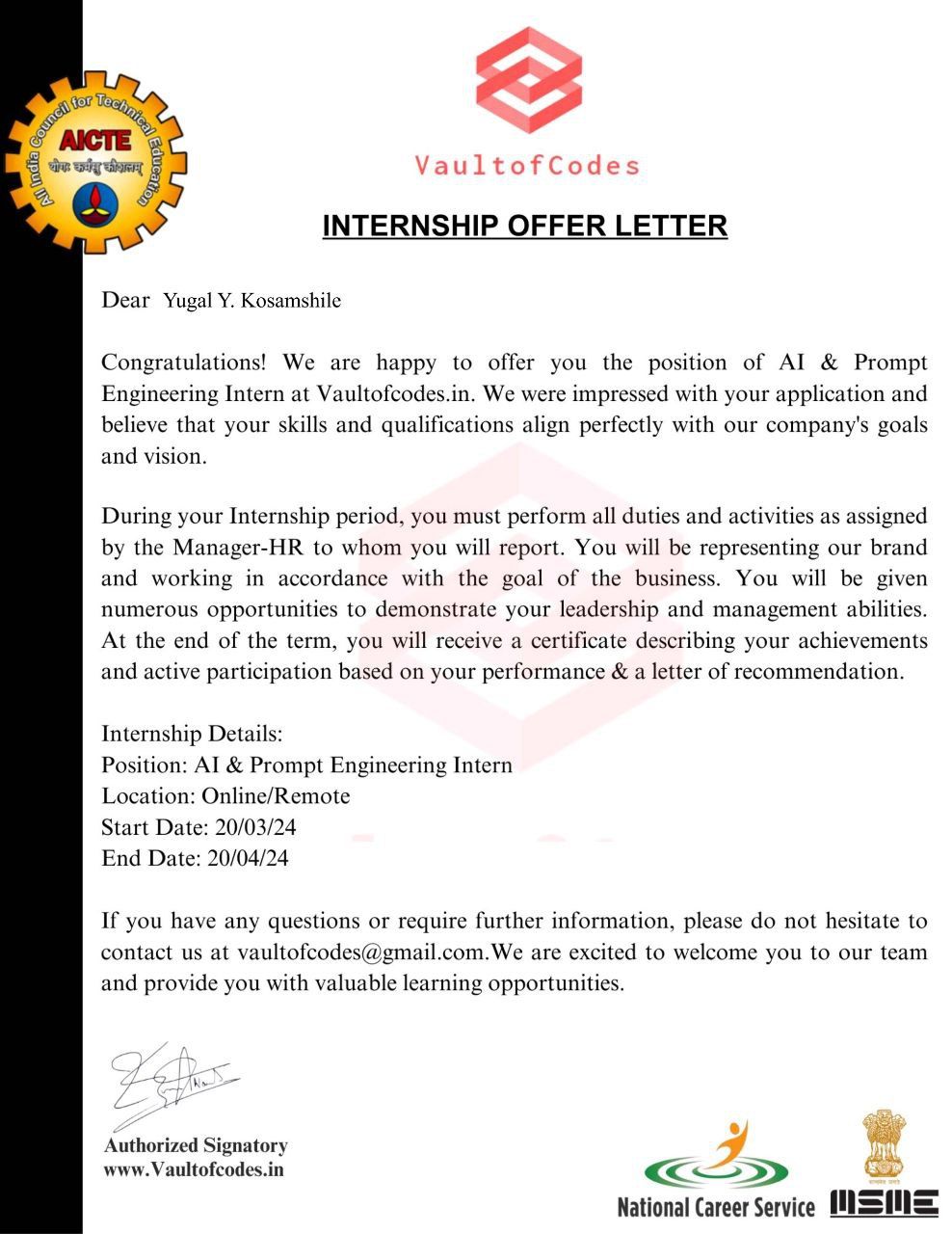 #vaultofcodes #ai #vaultofcodes #aicte #internshipofferletter | Yugal ... #vaultofcodes #ai #vaultofcodes #aicte #internshipofferletter | Yugal ...