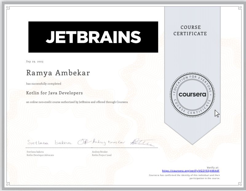 I’m happy to share that I’ve obtained a new certification: Kotlin for ... I’m happy to share that I’ve obtained a new certification: Kotlin for ...