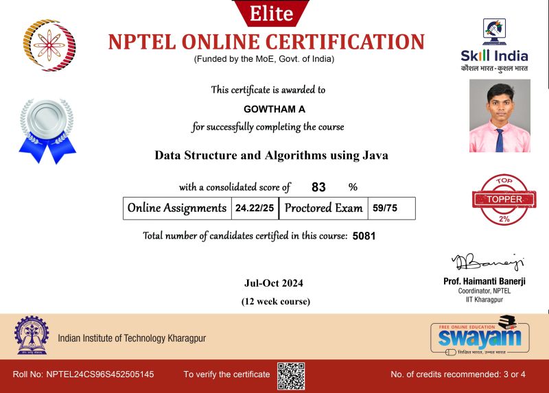 GOWTHAM A on LinkedIn: #nptel #elitesilver #dsa # ... GOWTHAM A on LinkedIn: #nptel #elitesilver #dsa # ...