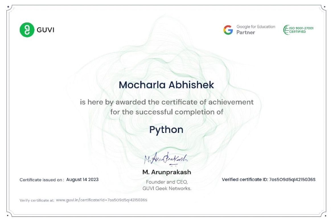 🎉 New Certificate from GUVI in Python 🎉 | ABHISHEK MOCHARLA 🎉 New Certificate from GUVI in Python 🎉 | ABHISHEK MOCHARLA