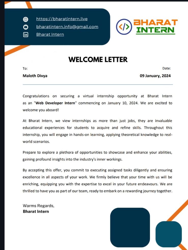 Maloth Divya on LinkedIn: #bharatintern #bharatintern #internship Maloth Divya on LinkedIn: #bharatintern #bharatintern #internship