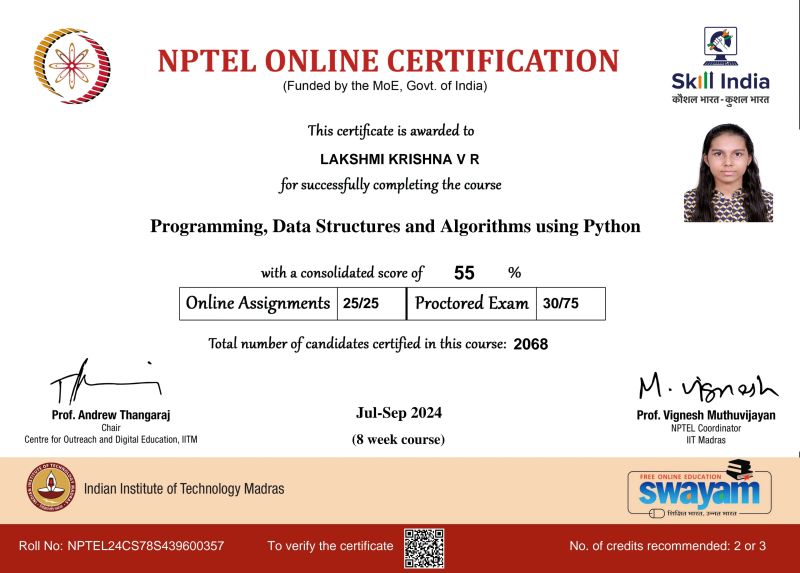 Lakshmi Krishna V R on LinkedIn: #nptel #pythonprogramming #algorithms ... Lakshmi Krishna V R on LinkedIn: #nptel #pythonprogramming #algorithms ...