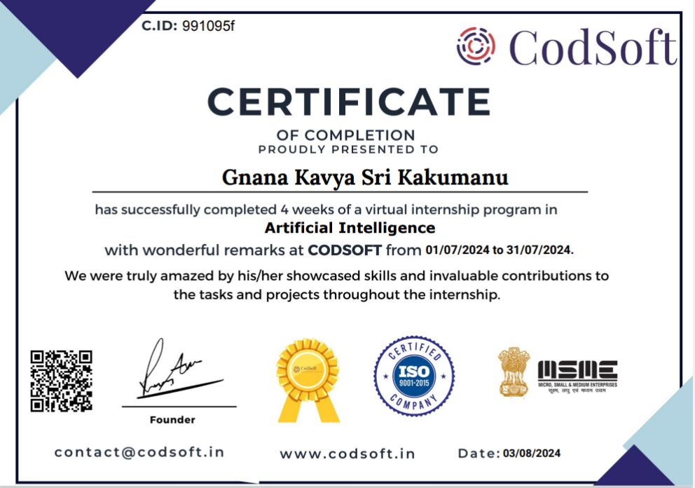 Gnana Kavya Sri Kakumanu on LinkedIn: #codsoft #ai #internship Gnana Kavya Sri Kakumanu on LinkedIn: #codsoft #ai #internship