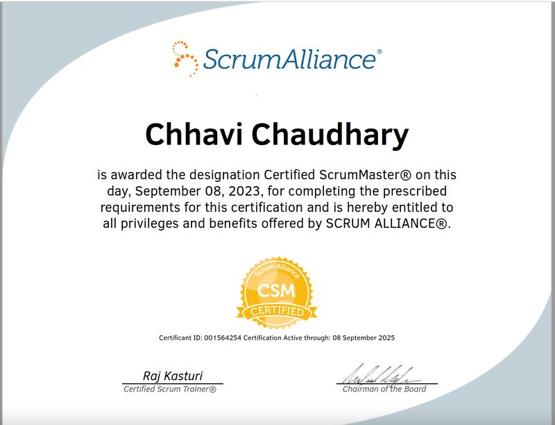 Chhavi Chaudhary, CSM on LinkedIn: Happy to share that I have earned ... Chhavi Chaudhary, CSM on LinkedIn: Happy to share that I have earned ...