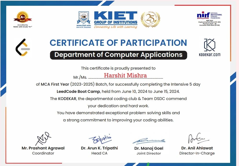 Completed LeetCode Boot Camp by KODEKAR | Harshit Mishra posted on the ... Completed LeetCode Boot Camp by KODEKAR | Harshit Mishra posted on the ...