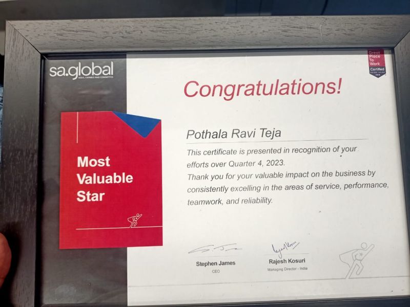 Ravi Teja Pothala on LinkedIn: #mostvaluablestar #gratitude Ravi Teja Pothala on LinkedIn: #mostvaluablestar #gratitude