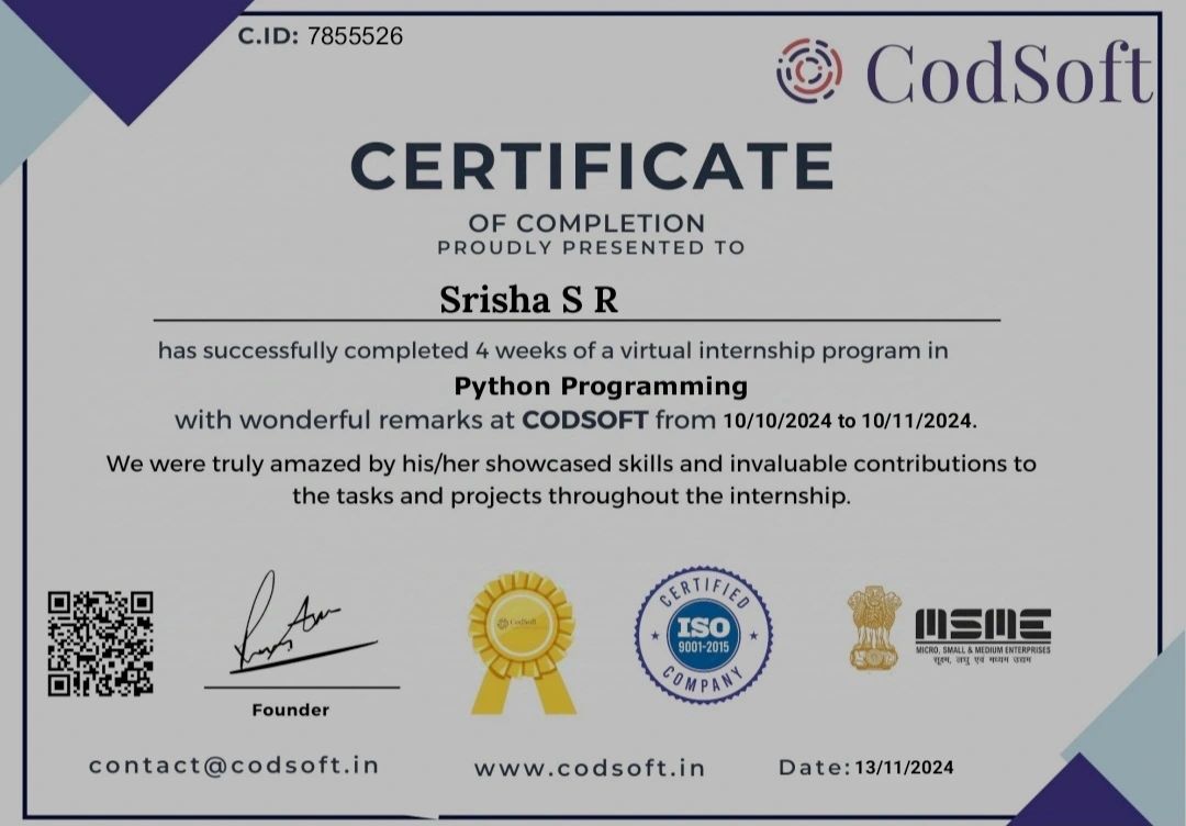 Srisha Ravi on LinkedIn: #python #codsoft #pythonprogramming # ... Srisha Ravi on LinkedIn: #python #codsoft #pythonprogramming # ...
