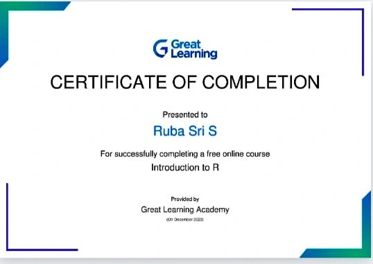Completed R course by Great Learning Accademy | Rubasri Sridhar posted ... Completed R course by Great Learning Accademy | Rubasri Sridhar posted ...