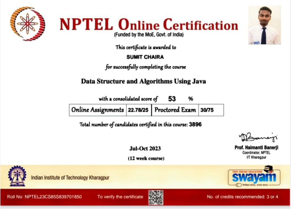 NPTEL...... DATA STRUCTURE AND ALGORITHMS USING JAVA....... | SUMIT CHAIRA NPTEL...... DATA STRUCTURE AND ALGORITHMS USING JAVA....... | SUMIT CHAIRA