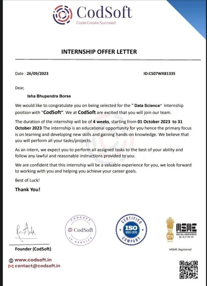 Isha Borse on LinkedIn: #codsoft #codsoft #datascience #intern2023 # ... Isha Borse on LinkedIn: #codsoft #codsoft #datascience #intern2023 # ...