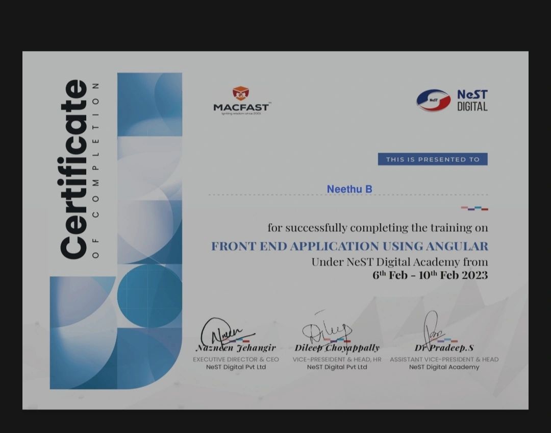 Neethu B on LinkedIn: #angular #frontenddevelopment #certification # ... Neethu B on LinkedIn: #angular #frontenddevelopment #certification # ...