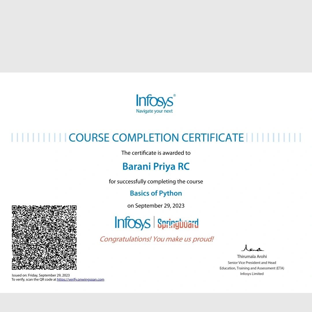 Barani Priya on LinkedIn: #python #certification #infosysspringboard # ... Barani Priya on LinkedIn: #python #certification #infosysspringboard # ...