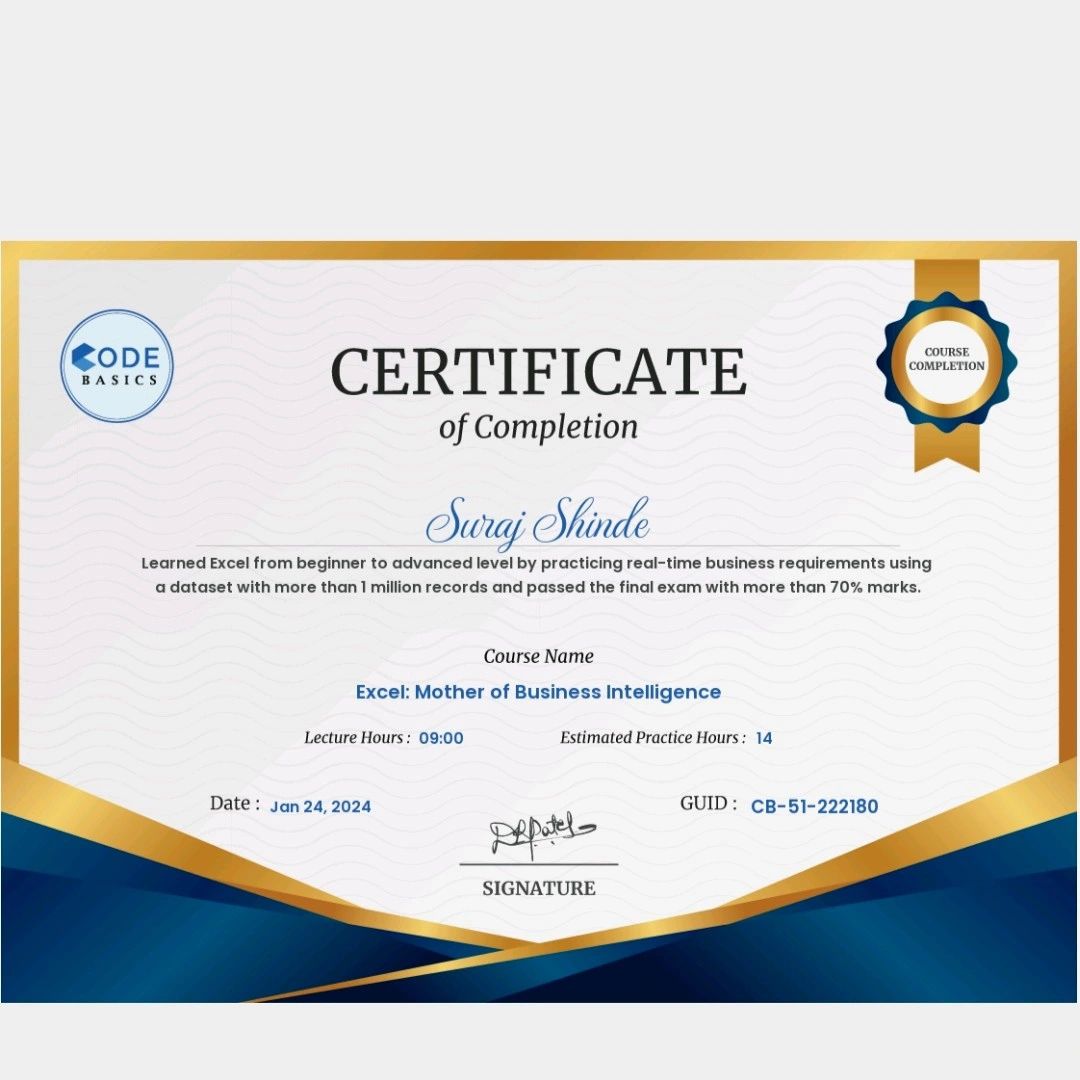 Suraj Shinde on LinkedIn: #excelcertification #codebasics #dataanalysis Suraj Shinde on LinkedIn: #excelcertification #codebasics #dataanalysis