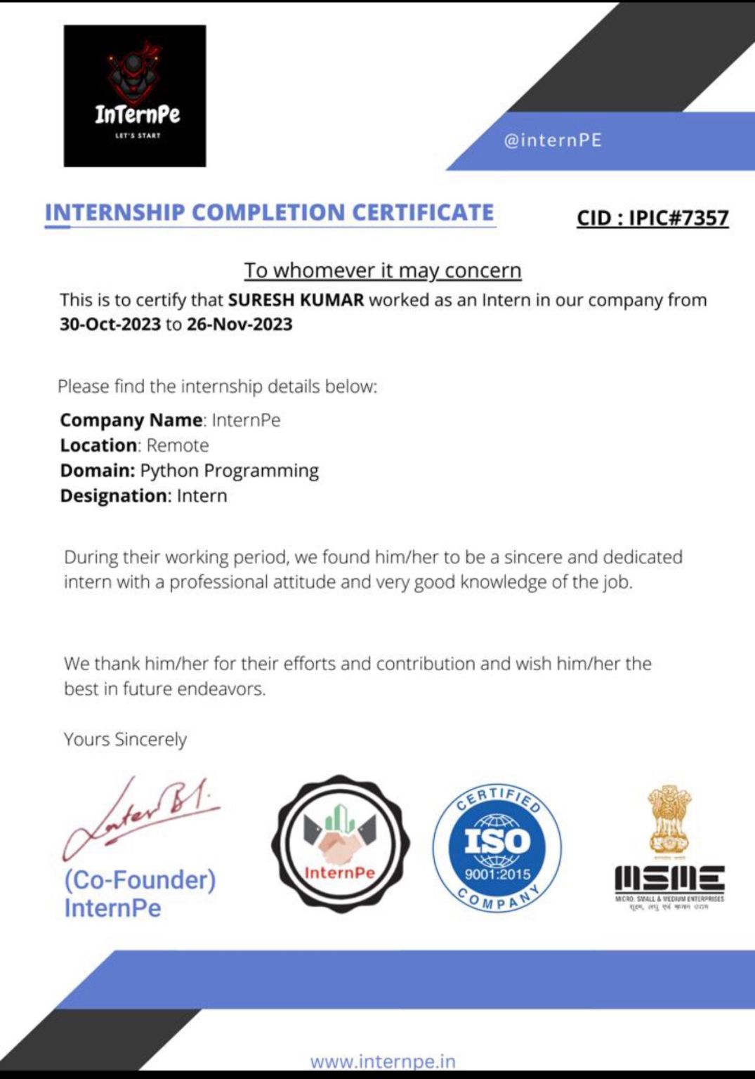 Completed InternPe internship program with python | Suresh Kumar posted ... Completed InternPe internship program with python | Suresh Kumar posted ...